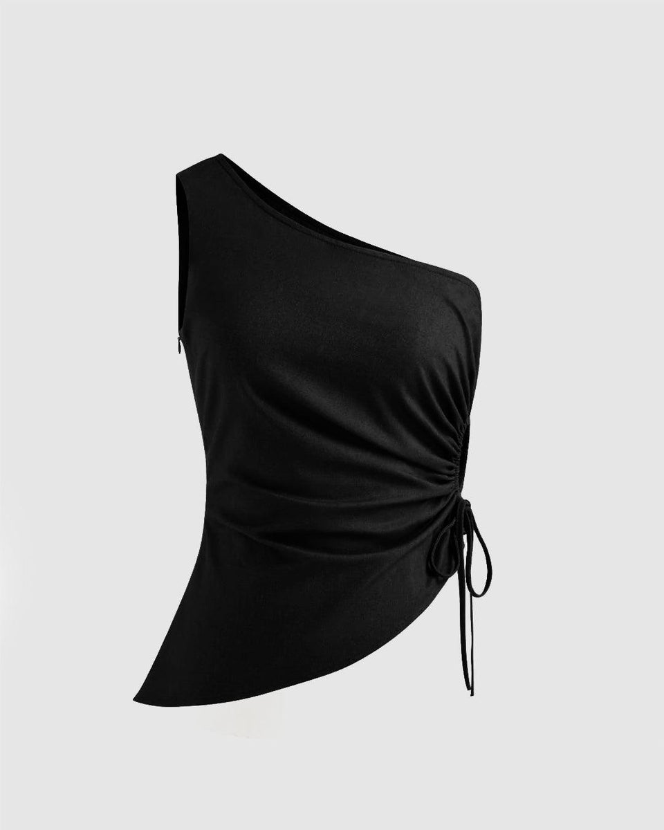 Asymmetrical Neck Solid Drawstring Black Top – Littlebox India