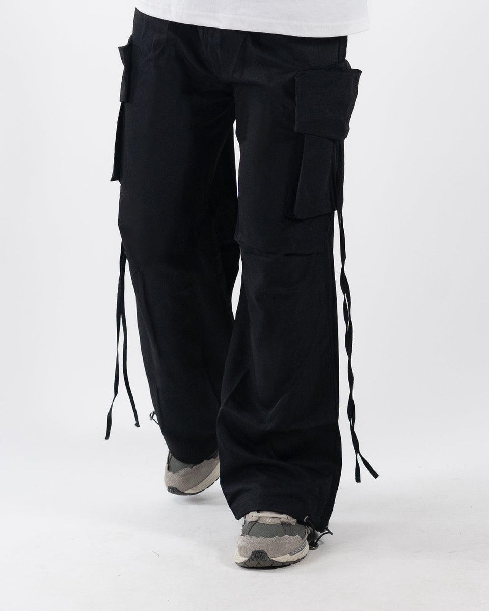 Men Drawstring Waist Plain Straight Leg Black Cargo Pants – Littlebox India