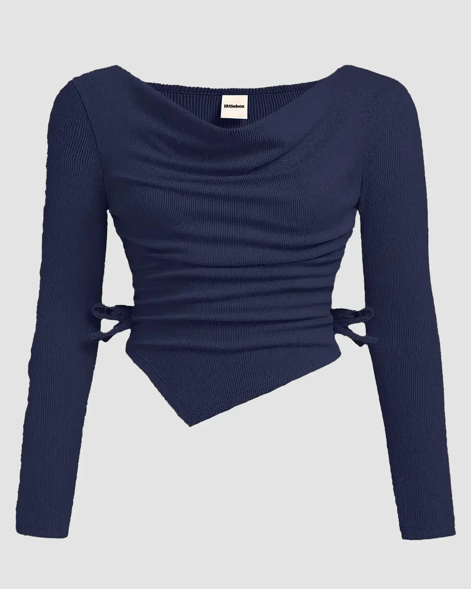 Crew Neck Cinched Waist Asymmetrical Long Sleeve Top In Navy Blue Curv ...