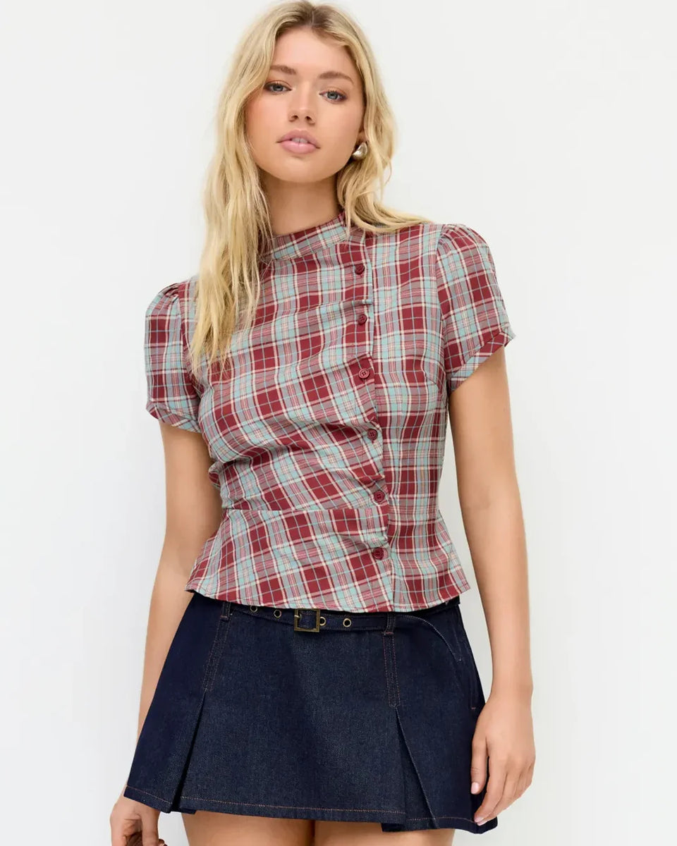 Plaid Stand Collar Puff Sleeve Tie Back Button Top – Littlebox India