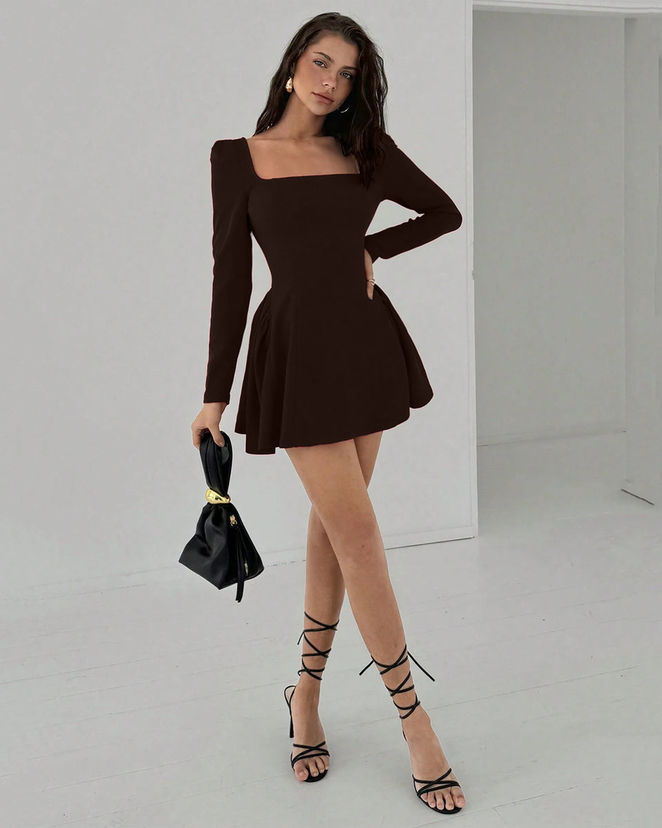 Solid Coffee Square Neck A-Line Peplum Mini Dress – Littlebox India