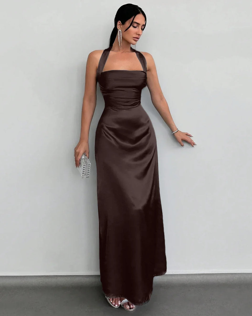 Halter Neck Ruched Backless Long Dress in coffee – Littlebox India