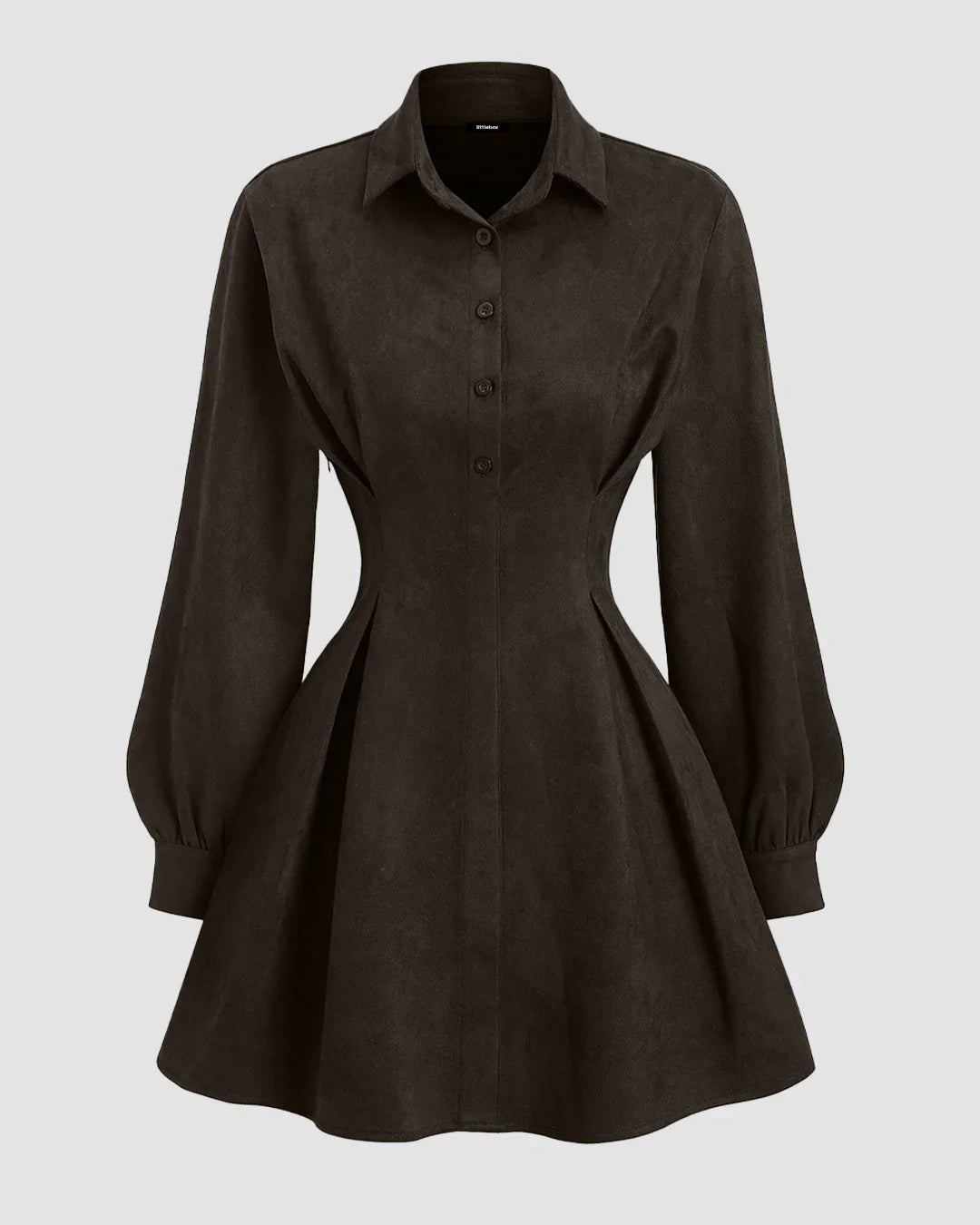 Suede Collared A-Line Mini Dress with Ruched Waist in Dark Brown ...