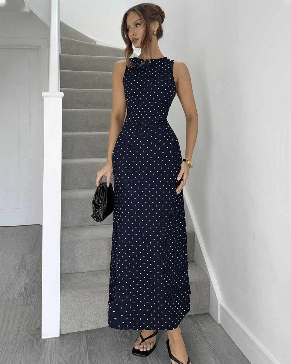Navy Blue Polka Dot Tie-Strap Open Back Maxi Dress – Littlebox India