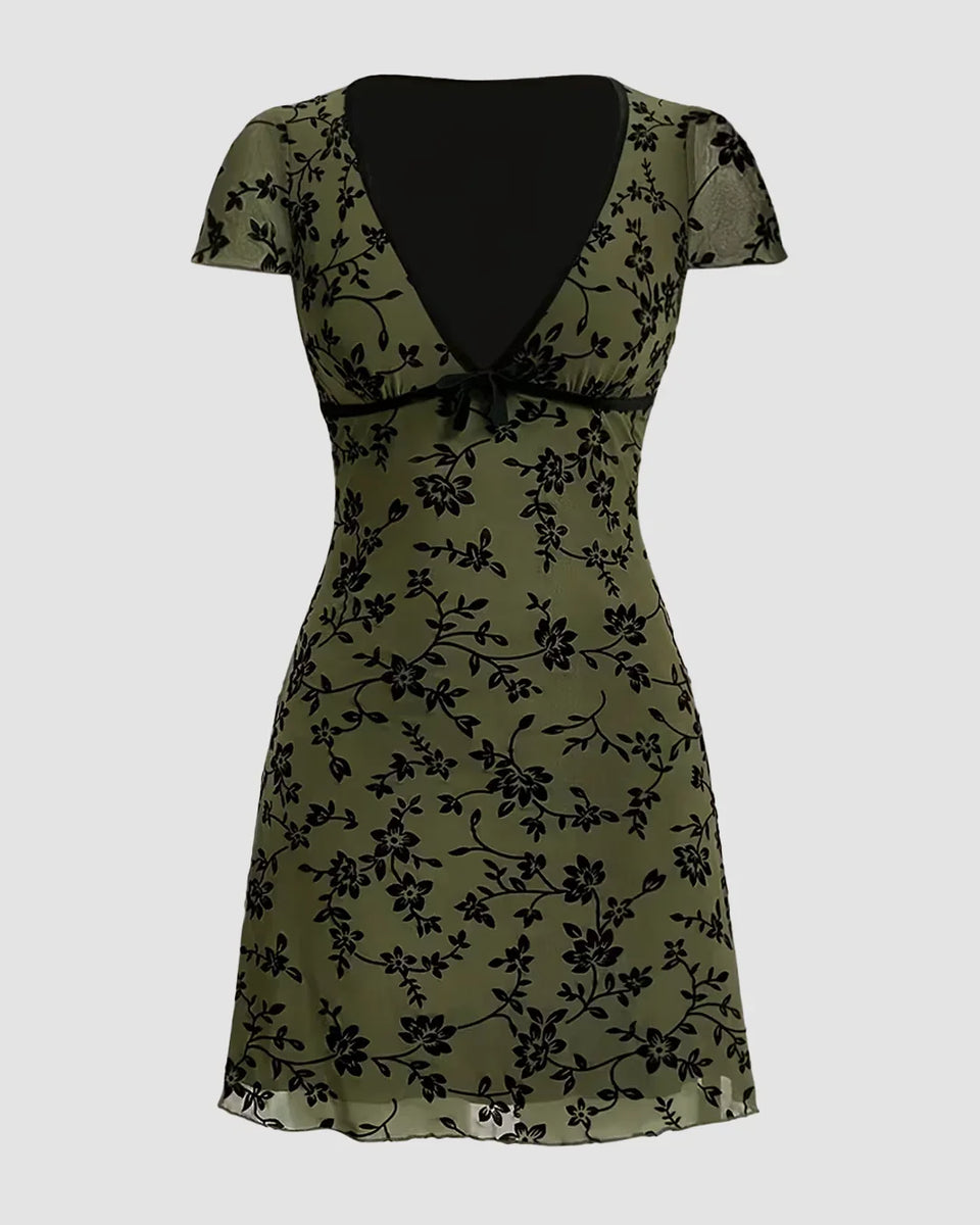 Floral Mesh V-Neck Short Sleeve A-Line Mini Dress in Green – Littlebox ...