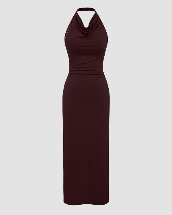 Halter Neckline Rivet Split Ruched Straight Maxi Dress in Chocolate ...