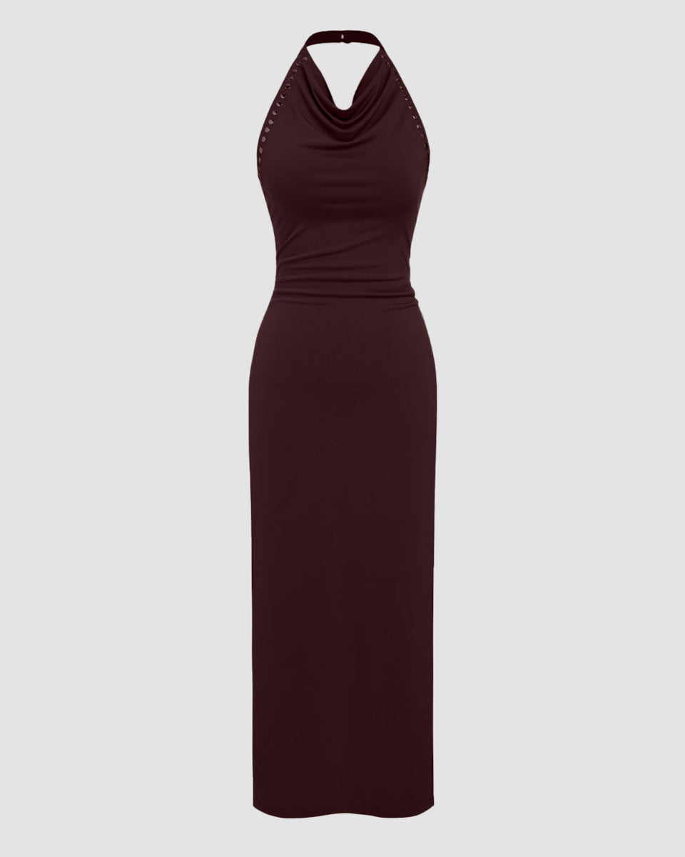 Halter Neckline Rivet Split Ruched Straight Maxi Dress in Chocolate ...