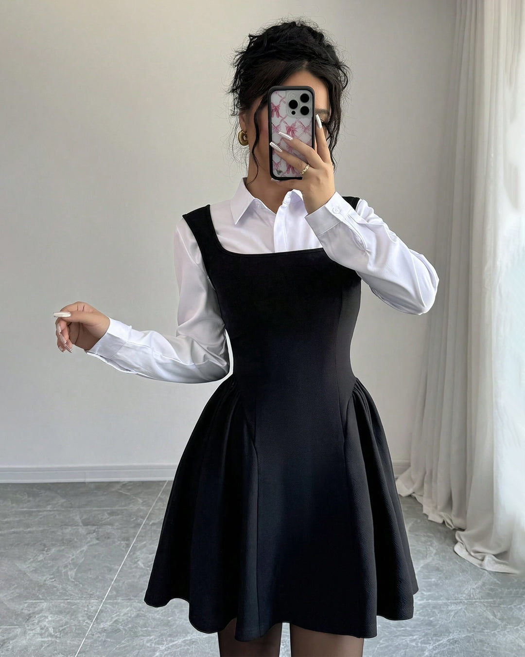 Square Neck A-Line Ruched Hem Mini Dress Set in Black with White Colla ...