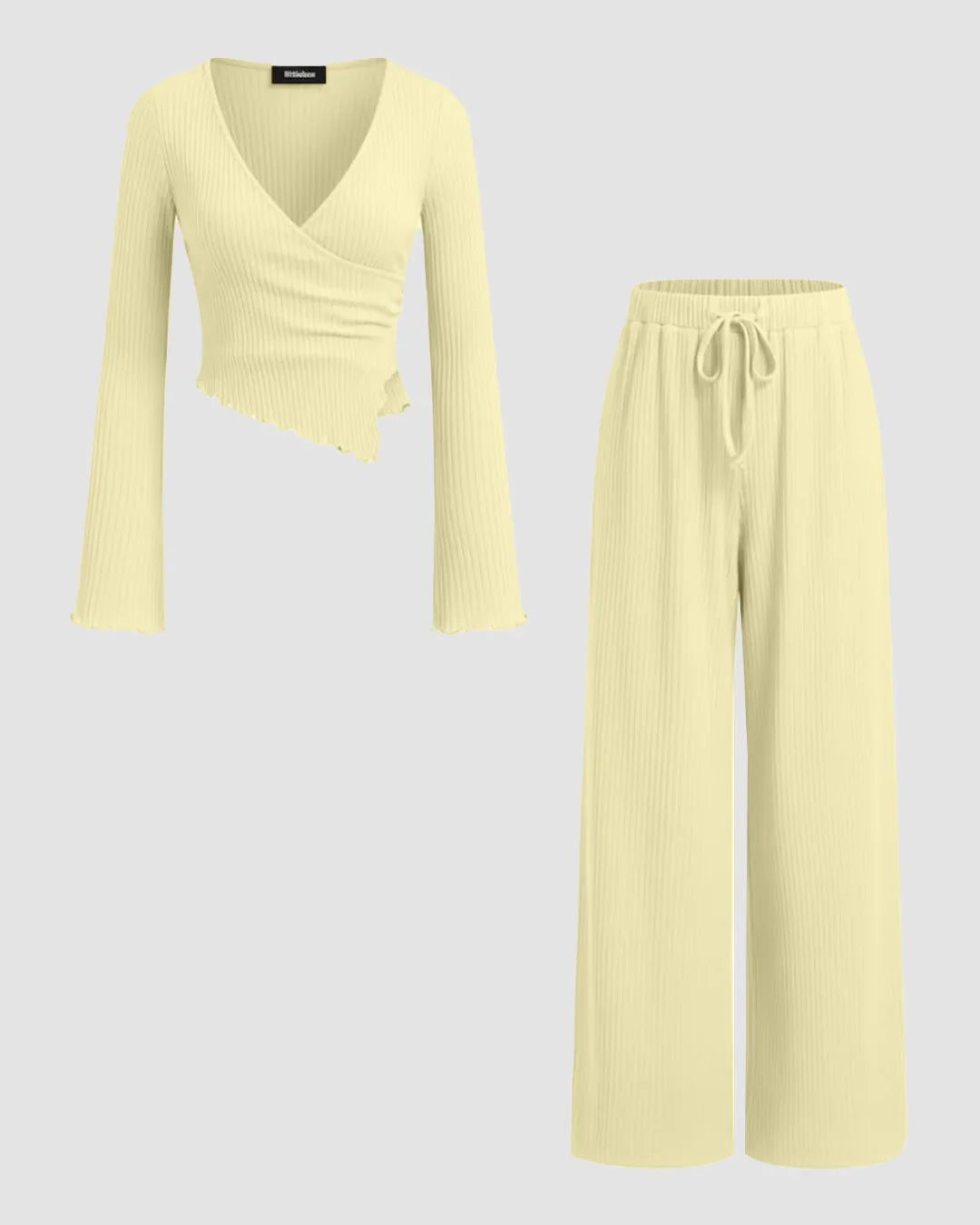 V-neck Bell Sleeve Ruched Asymmetrical Top & Straight Leg Trousers Set ...