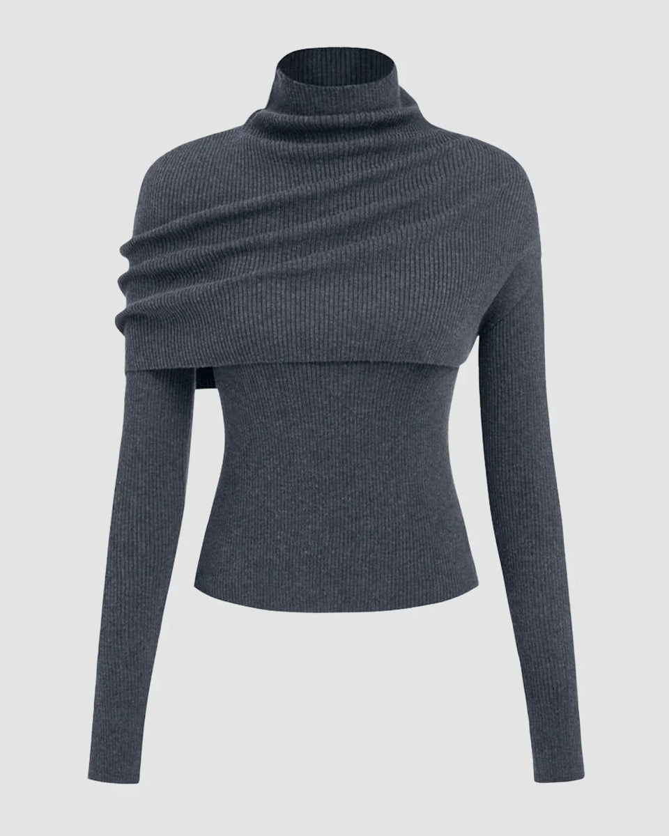 Round Neckline Long Sleeve Top With High Neck Wrap in Dark Grey ...
