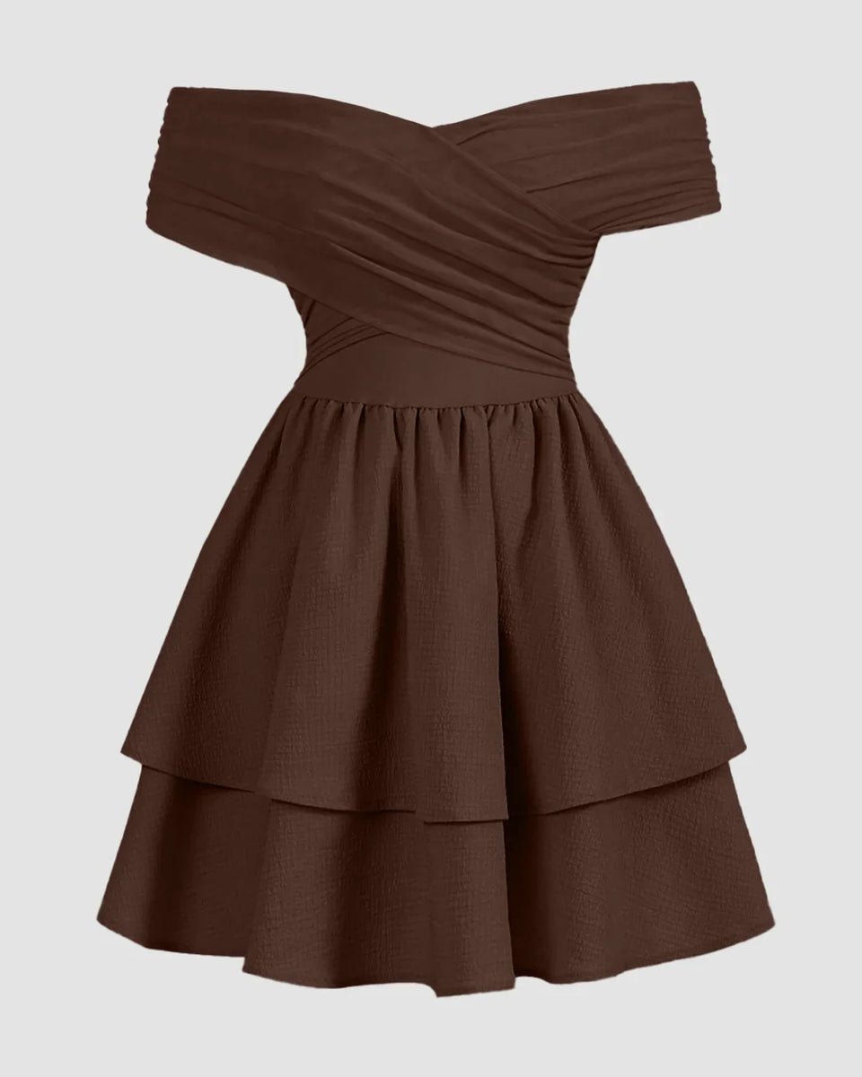 Off-Shoulder Crossover Wrap Mini Dress in Coco – Littlebox India