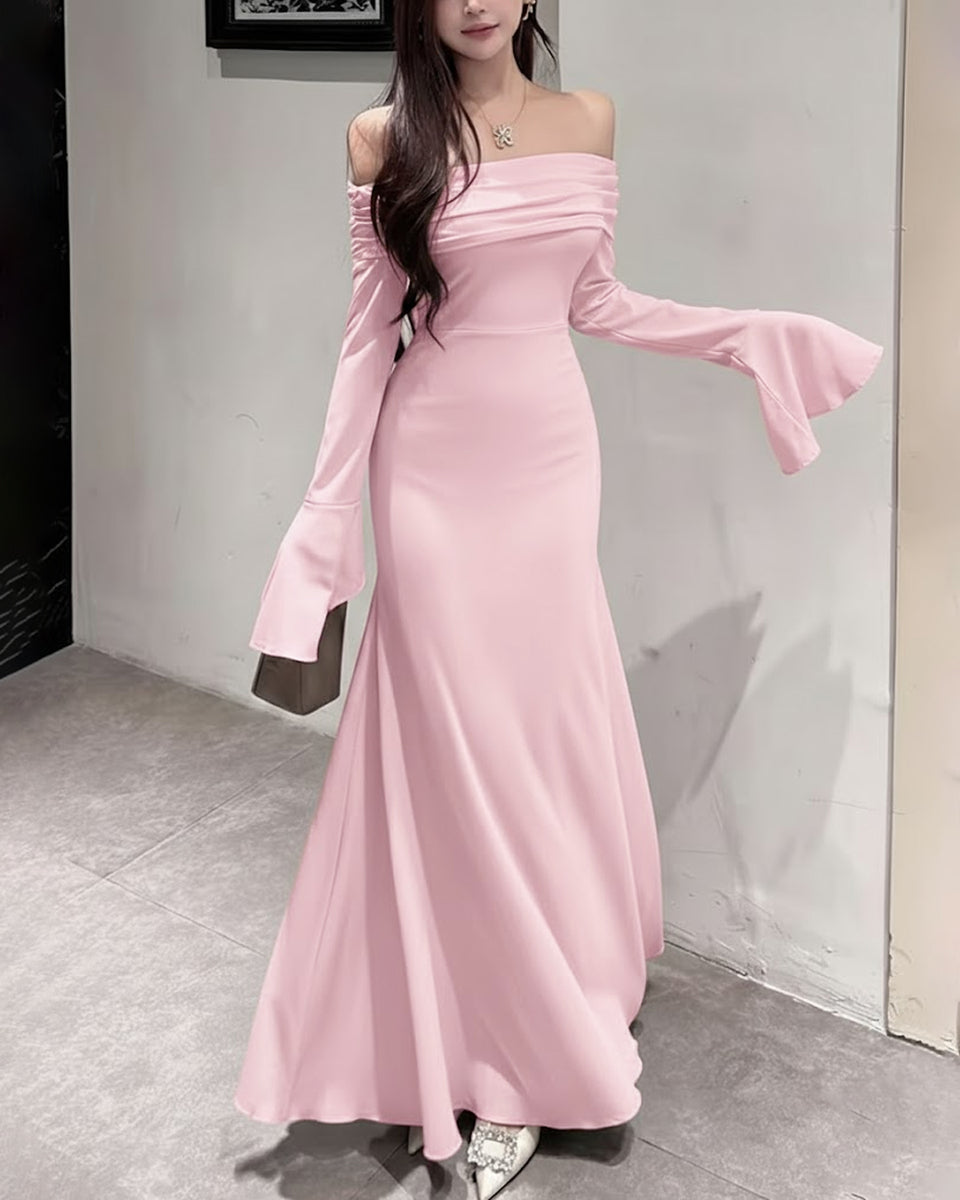 Off-Shoulder Slim Fit Mermaid Hem Solid Trumpet Sleeve Maxi Dress in C ...