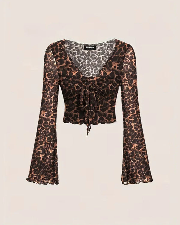 V-Neck Slim Fit Leopard Print Bell Sleeve Crop Top – Littlebox India
