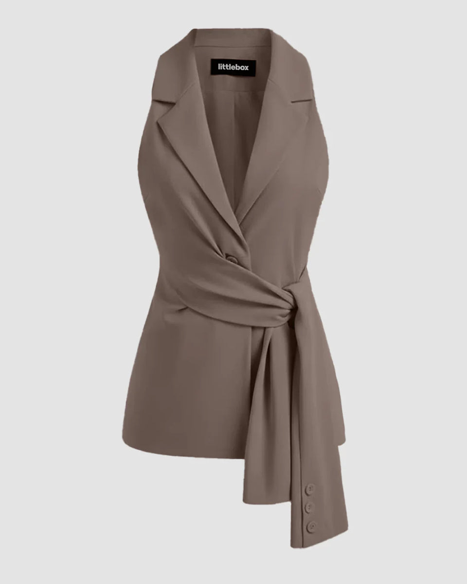 Notched Collar Knotted Blazer Vest in Brown- Littlebox India