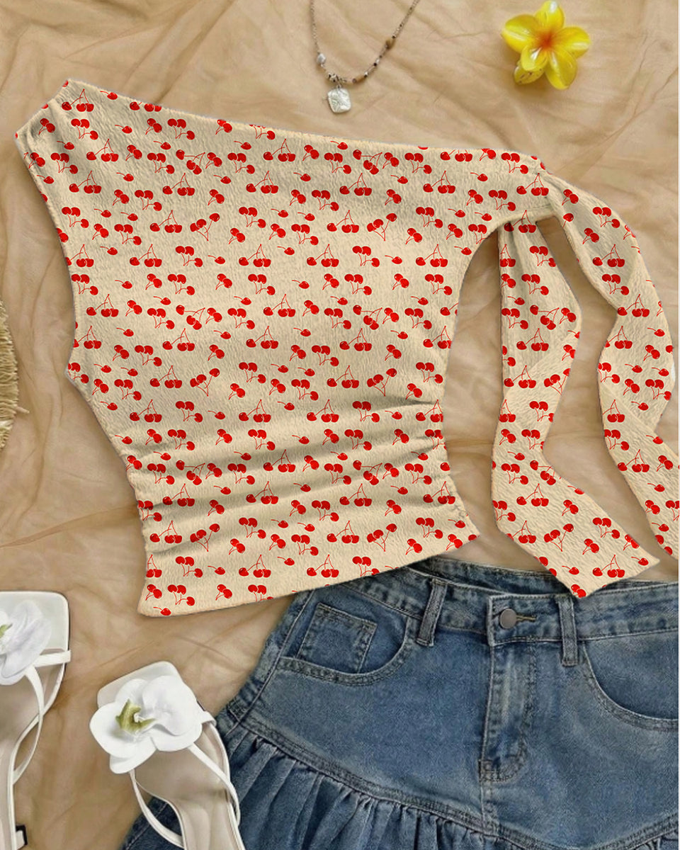Asymmetrical Shoulder Tie Strap Flowy Fitted Top- Littlebox India