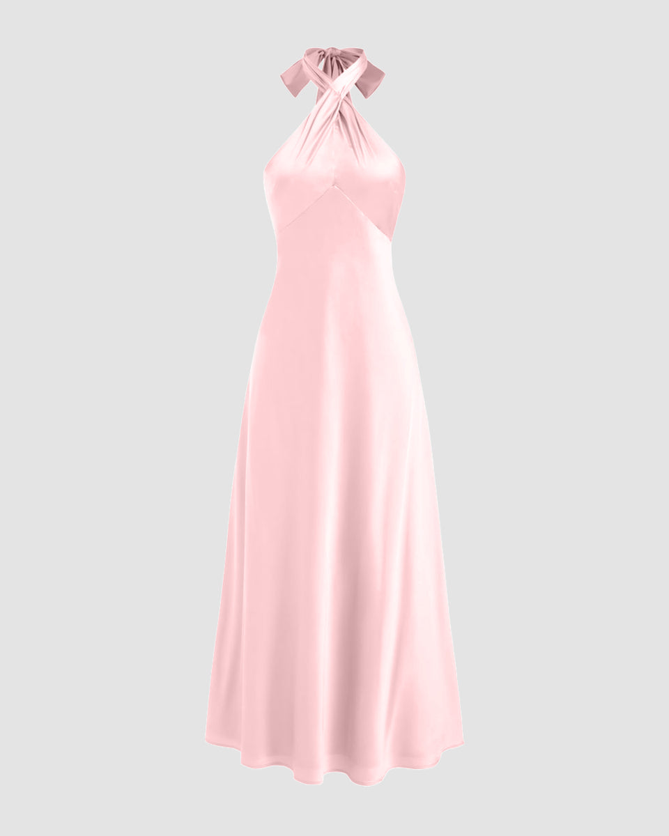 Halter Neck Twist Knotted A-line Maxi Dress in Cherry Pink- Littlebox India