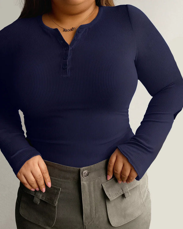 Navy Blue Ribbed Long Sleeve Henley Top Curve & Plus – Littlebox India