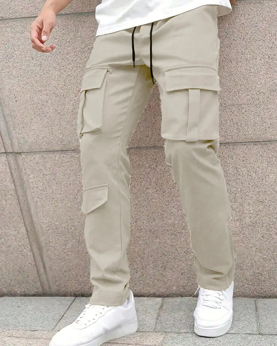 Men Solid Color Front Tie Pocket Simple Casual Straight Leg Cargo Pant ...