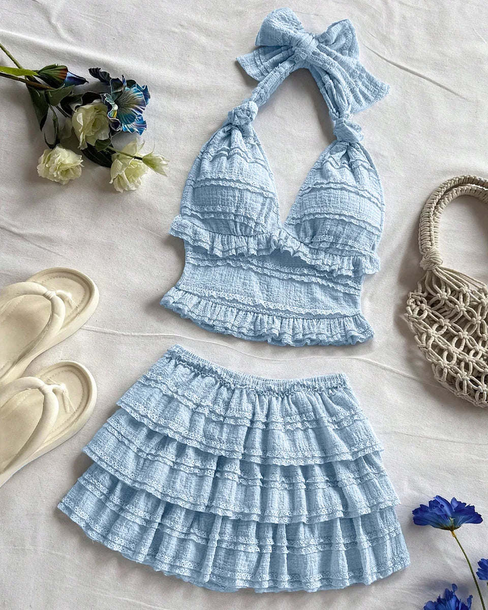 Crop Top & Mini Skirt Co-Ord Set in Dusty Blue-Littlebox India