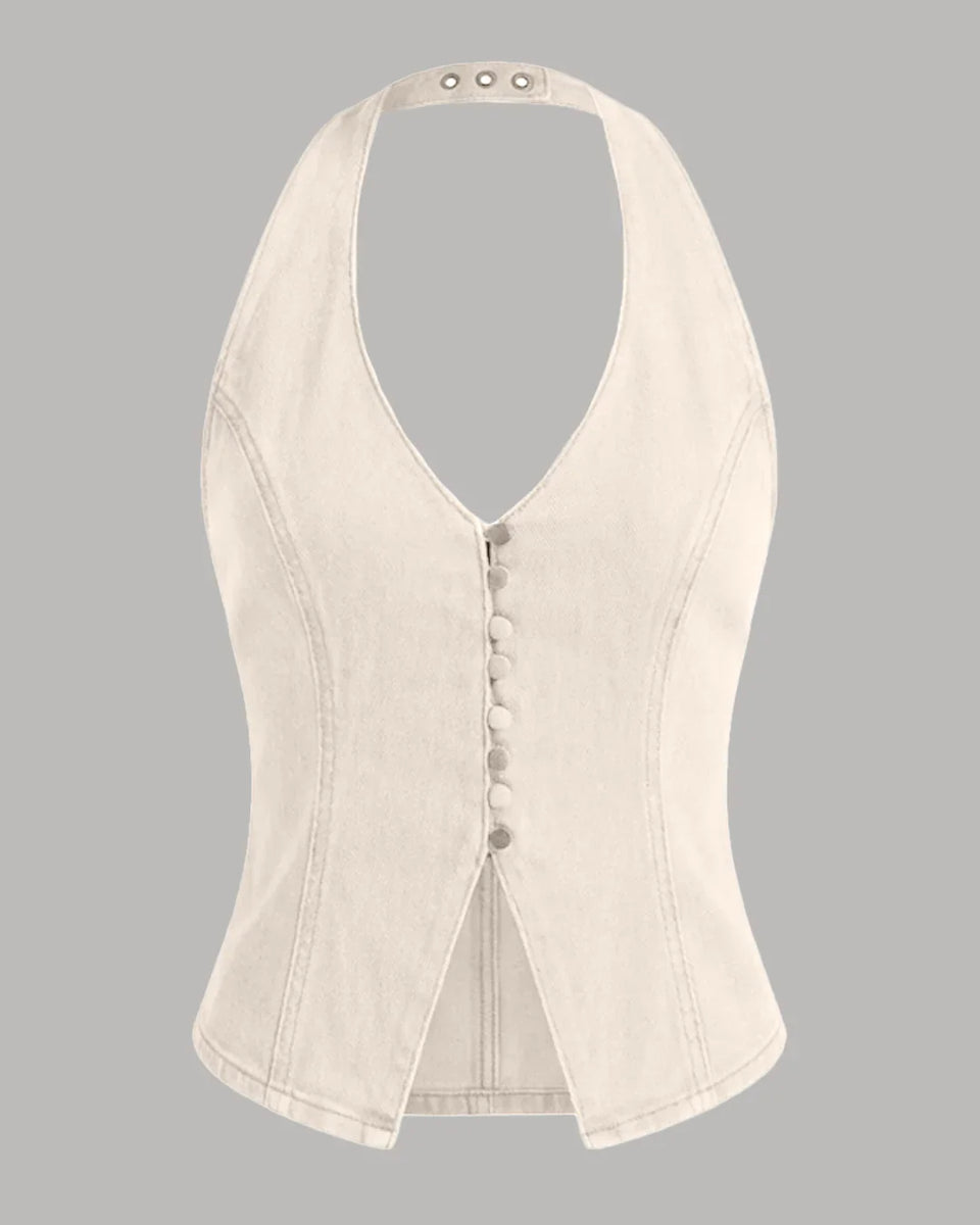 Denim Halter V-neck Split Front Top in Apricot – Littlebox India