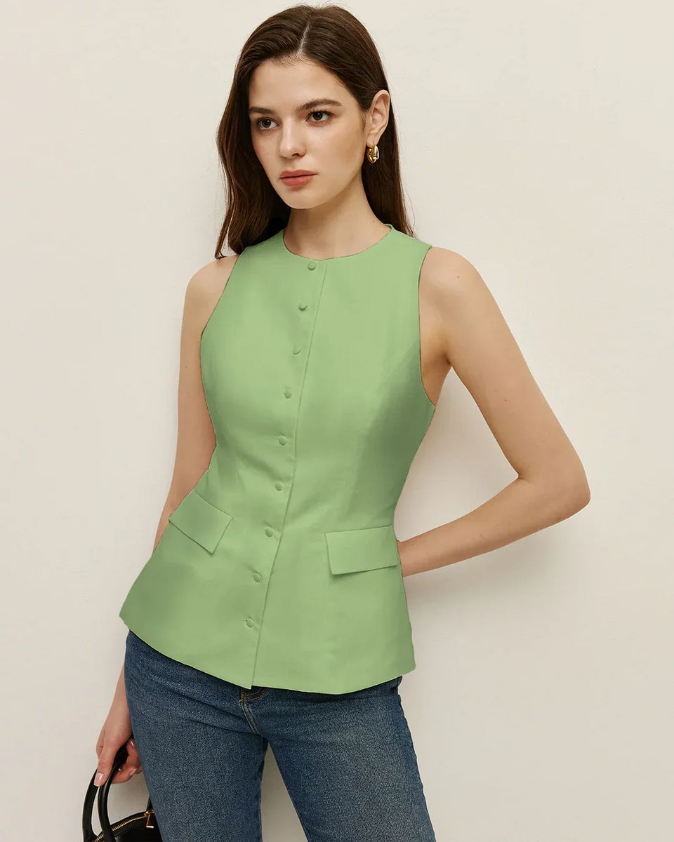 Sleeveless Button Down Structured Peplum Top in Pista – Littlebox India