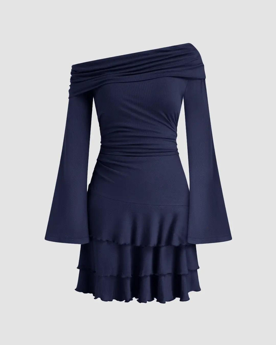 Asymmetrical Neck Ruched Layered Mini Dress In Navy Blue – Littlebox India