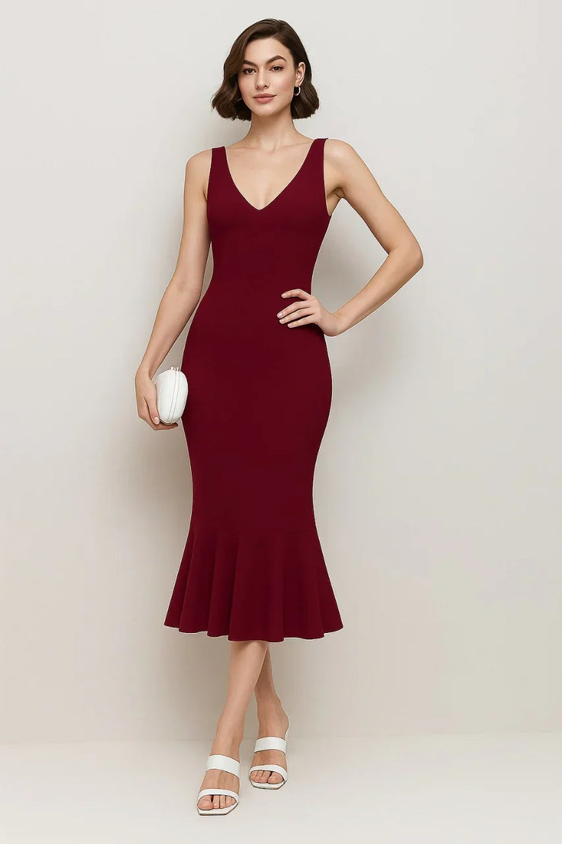Burgundy Sleeveless Fishtail Hem Bodycon Dress - Littlebox India