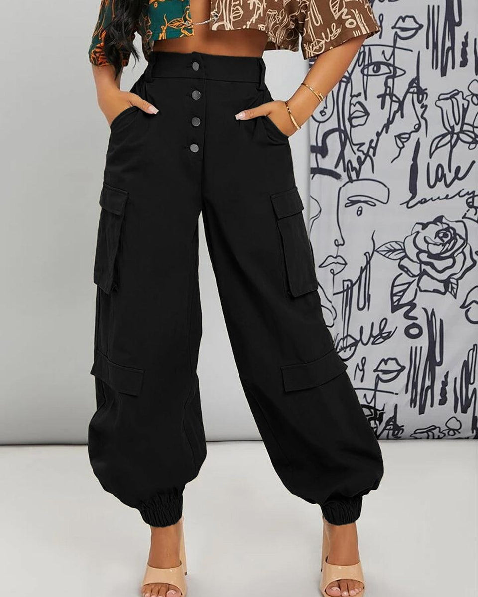 Button Me Up Flap Pocket Fly Black Cargo Pants | Littlebox India