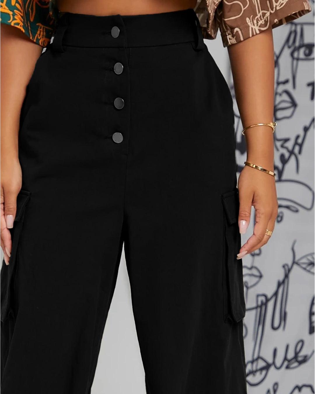 Button Me Up Flap Pocket Fly Black Cargo Pants | Littlebox India