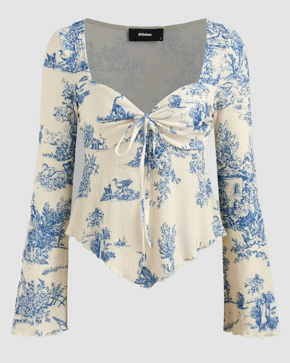 Bell Sleeve Top in Blue & Cream Curve & Plus - Littlebox India