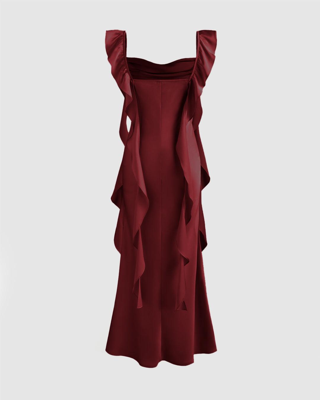 Cowl Neck Ruffle Maxi Dress In Cherry Red - Littlebox India