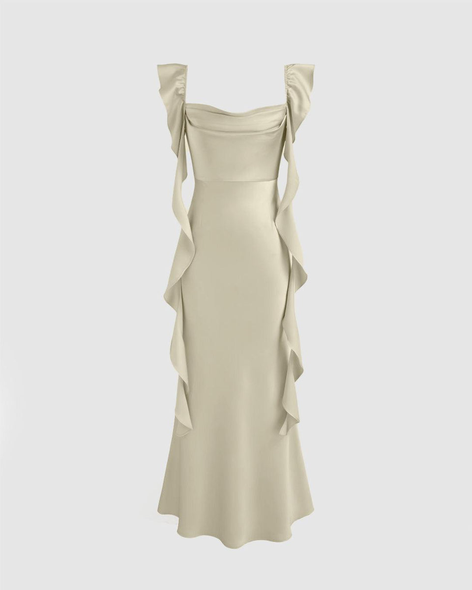Cowl Neck Ruffle Satin Maxi Dress In Light Gold – Littlebox India