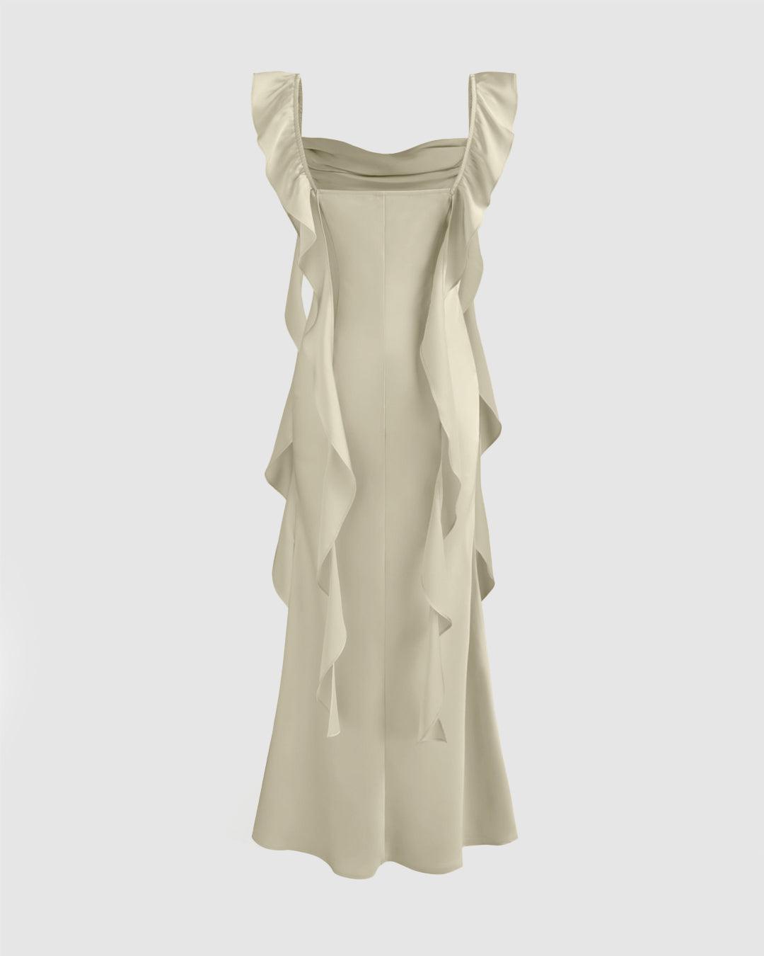 Cowl Neck Ruffle Satin Maxi Dress In Light Gold – Littlebox India