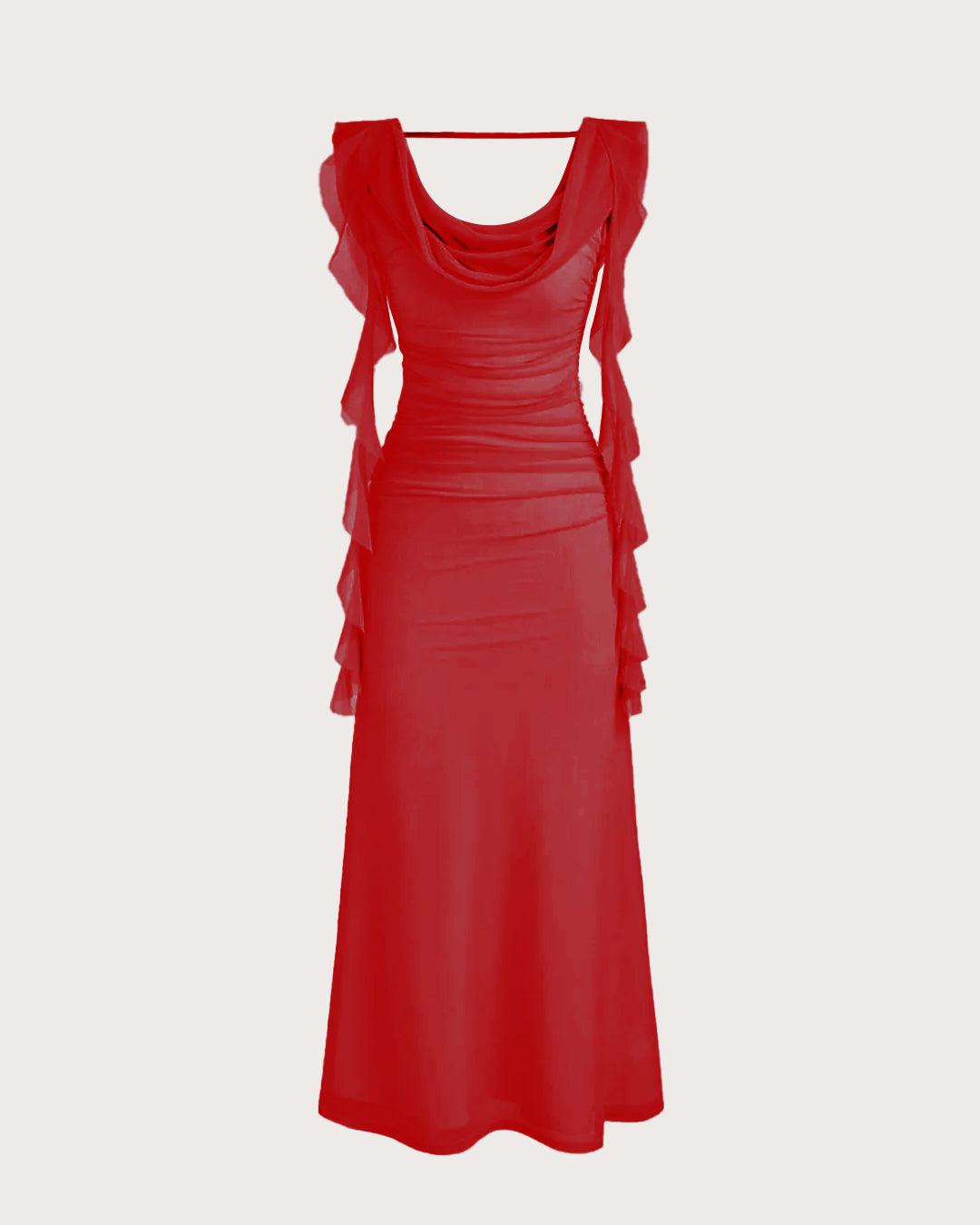 Cowl Neck Solid Ruffle Hem Ruched Maxi Dress In Red – Littlebox India