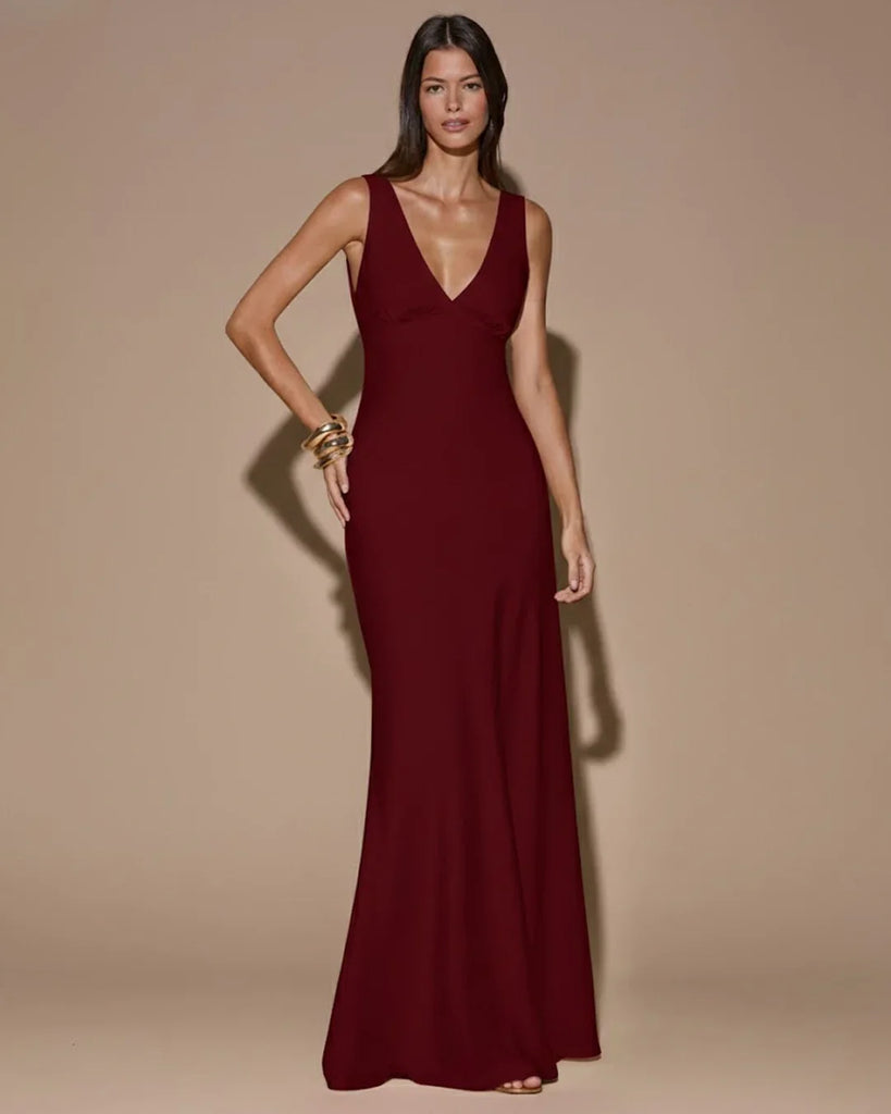 Red Deep V-Neck Backless Tie Maxi Dress – Littlebox India