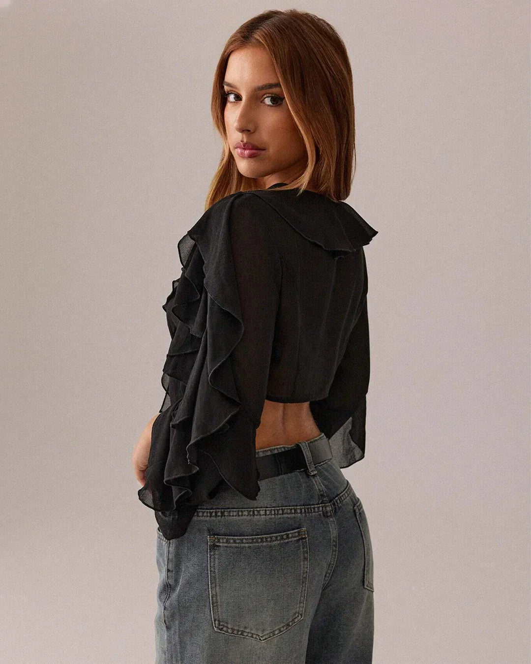 Black Sheer Mesh V-Neck Crop Top - Littlebox India