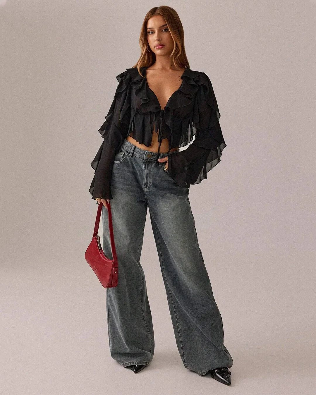 Black Sheer Mesh V-Neck Crop Top - Littlebox India
