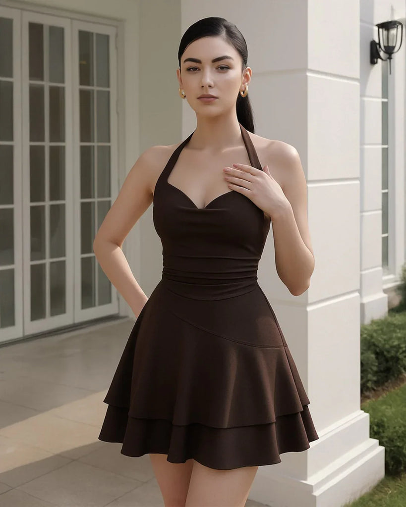 Draped Collar Ruffle Halter Neck Backless Dress Casual in Brown ...