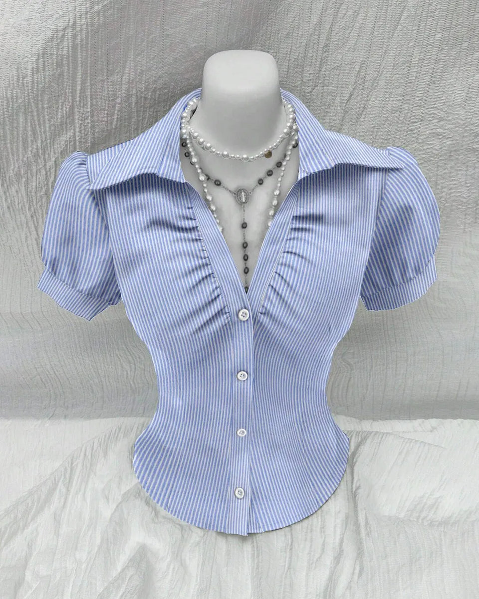 Fitted Ruched Front Shirt With Puff Sleeves And Collar – Littlebox India