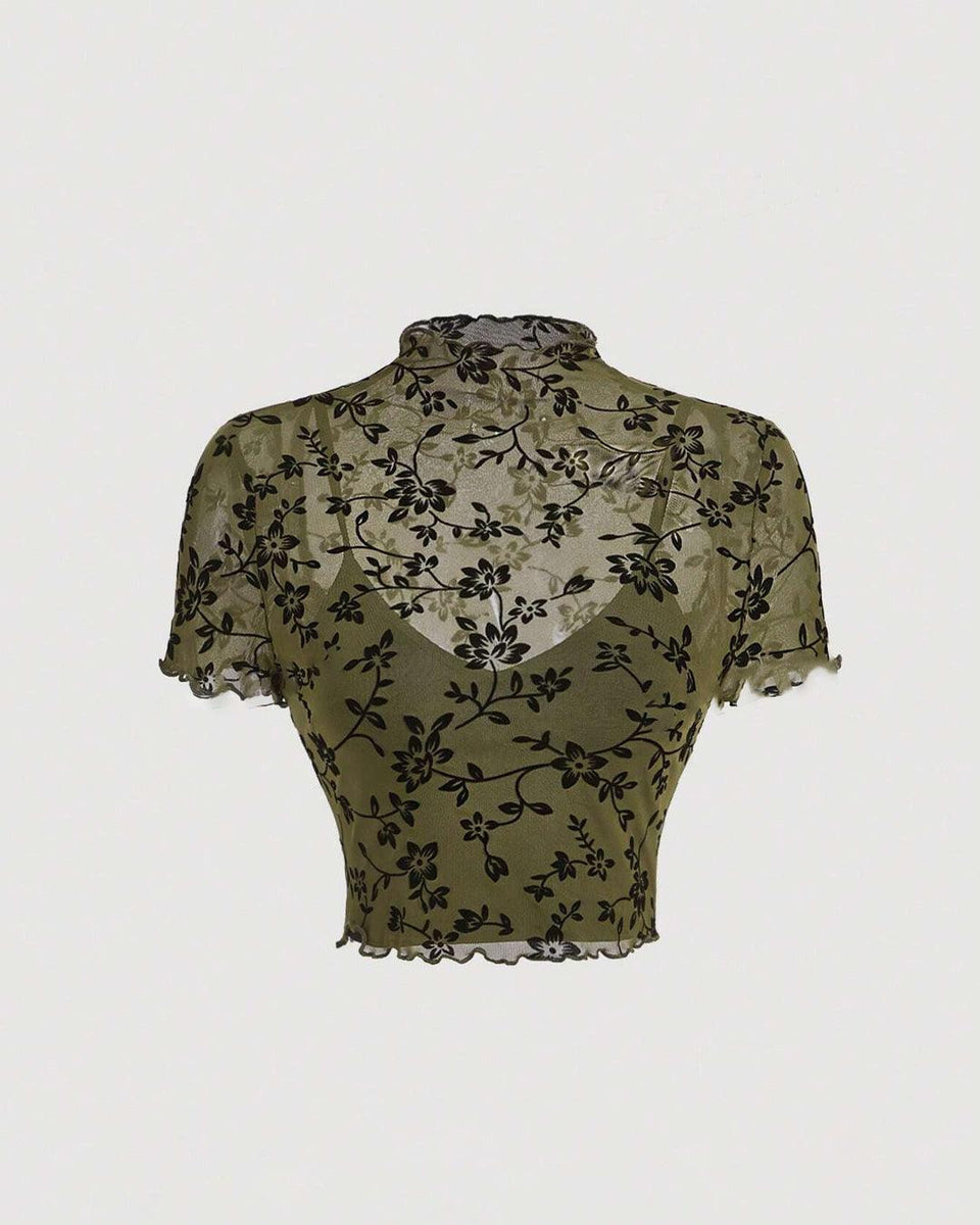 Floral Print Mock Neck Lettuce Trim Mesh Top – Littlebox India