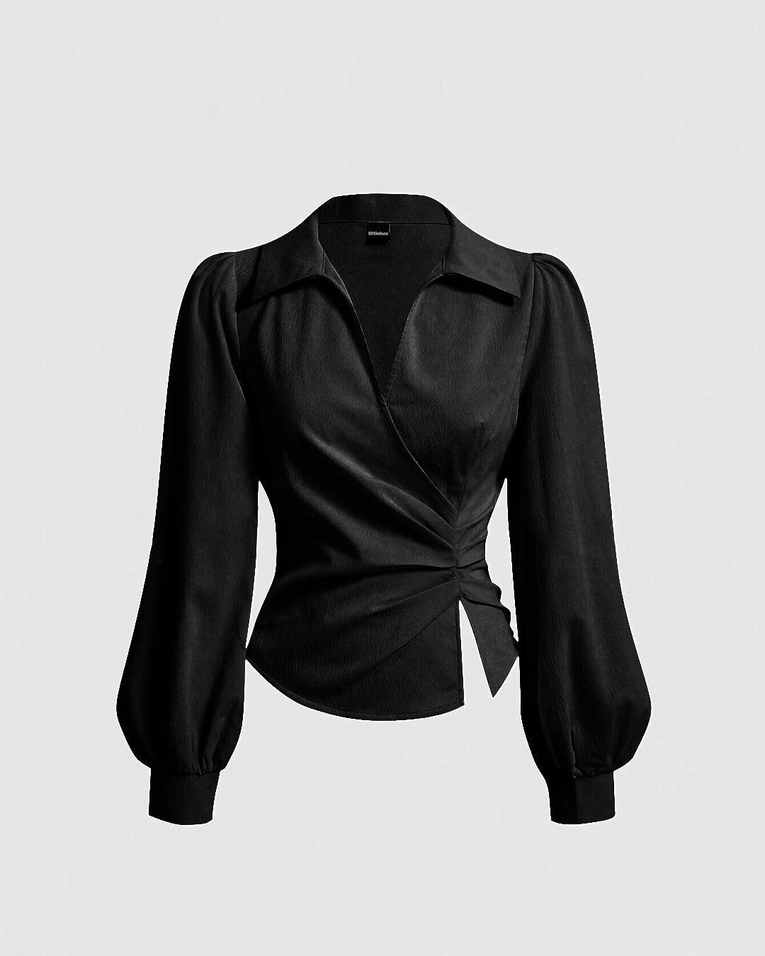 Formal V Neck Wrap Long Sleeve Top in Black – Littlebox India