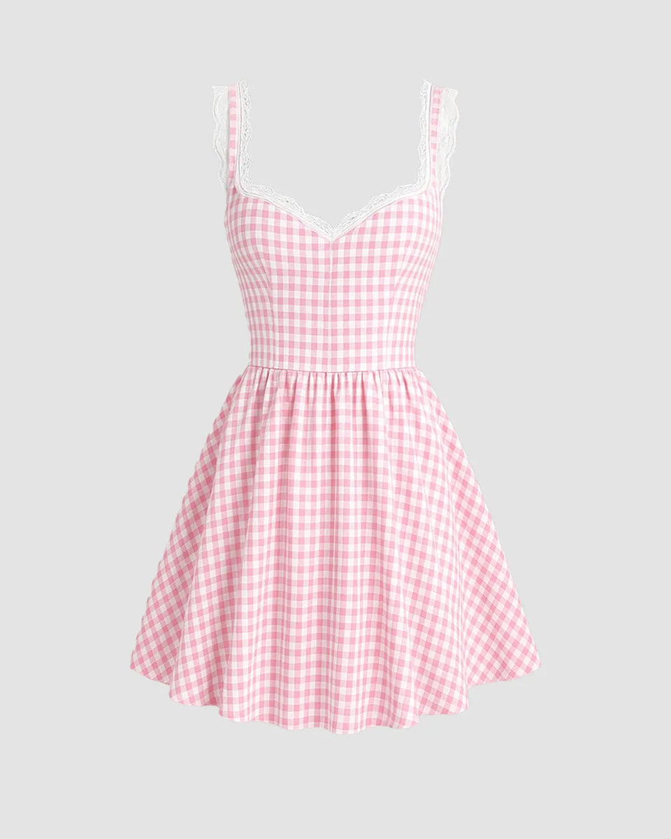 Gingham Sleeveless Mini Dress with Lace Trim - Littlebox India
