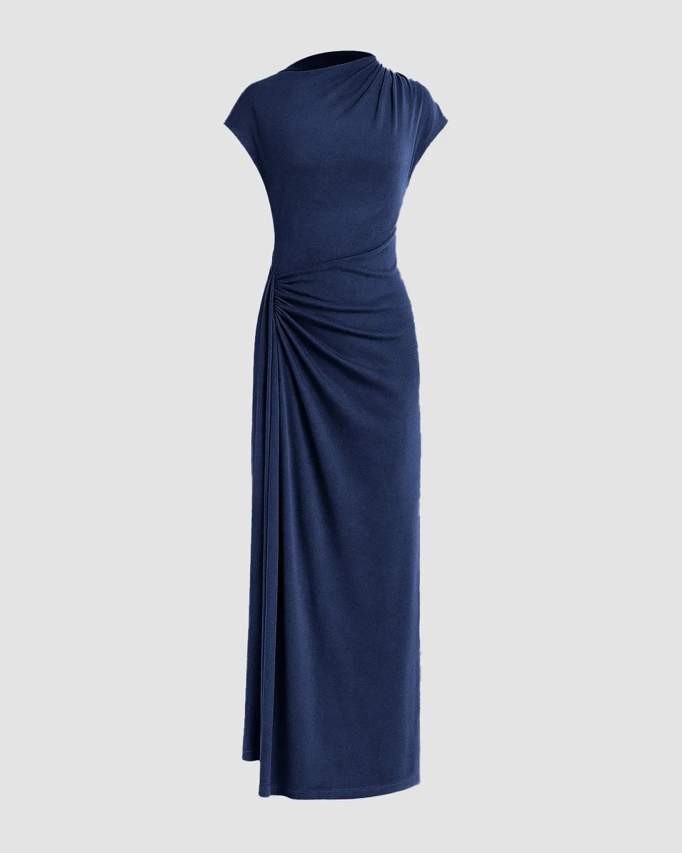 High Neck Ruched Split Maxi Dress In Navy Blue - Littlebox India