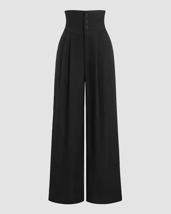 High Rise Button Front Wide Leg Pants in Black - Littlebox India
