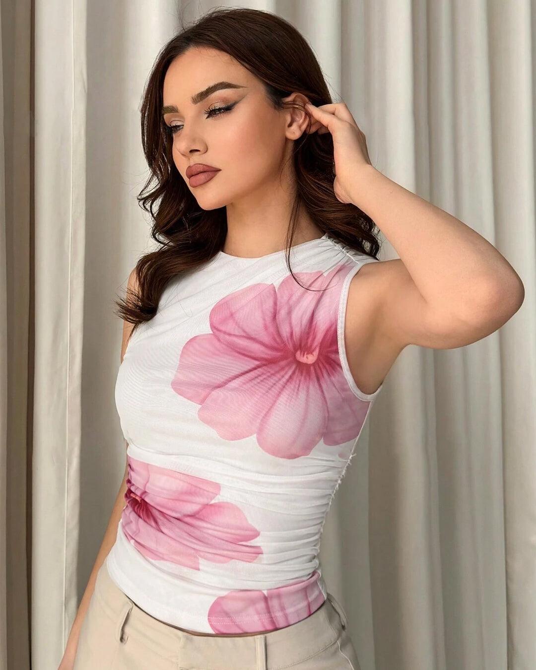 Large Flower Pattern Mesh Sheer Print Ruched Camisole – Littlebox India