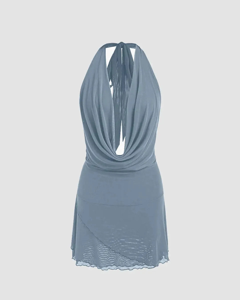 Mesh Halter Knotted Cowl Neck Mini Dress In Dusty Blue – Littlebox India