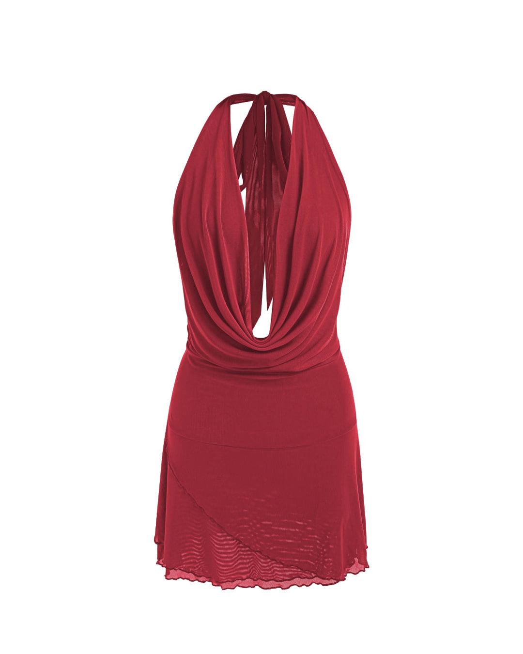 Mesh Halter Knotted Cowl Neck Mini Dress In Red – Littlebox India