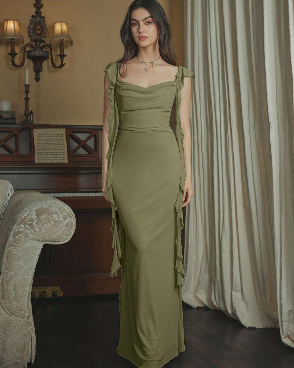 Mesh Ruffle Green Maxi Dress | Littlebox India