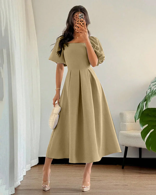 Pleated Hem A Line Puff Sleeves Midi Dress in Mud - Littlebox India
