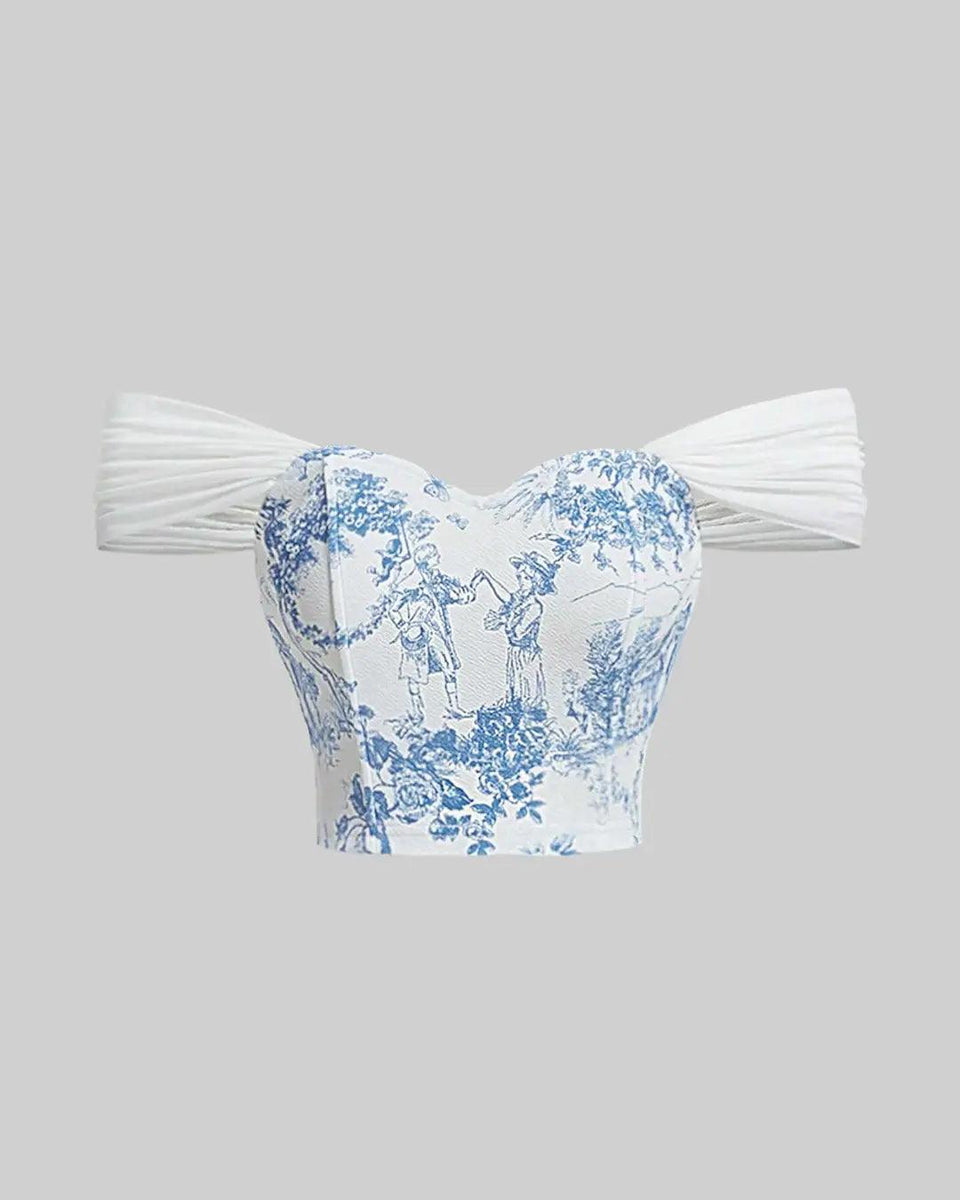 Off Shoulder Crop Blue And White Printed Corset Top – Littlebox India